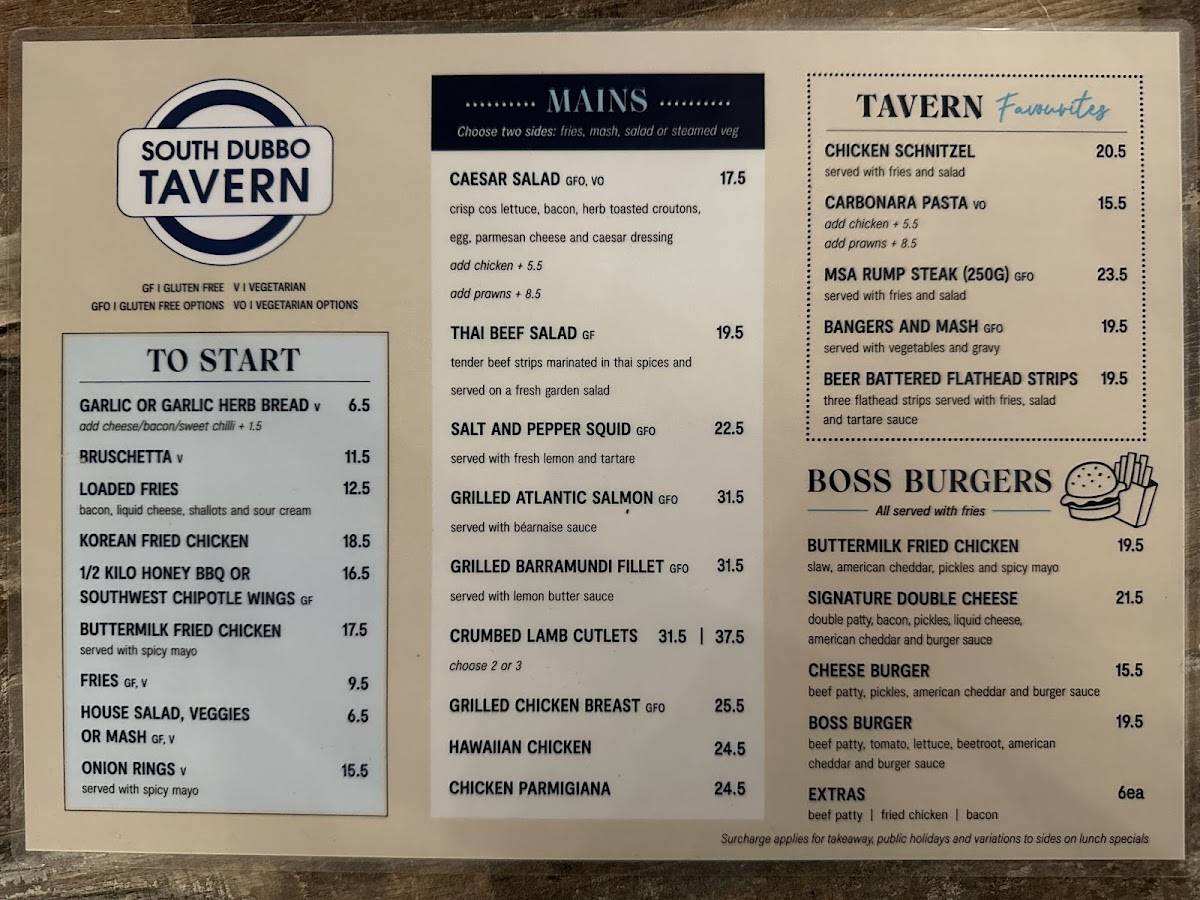 Menu at South Dubbo Tavern restaurant, Dubbo