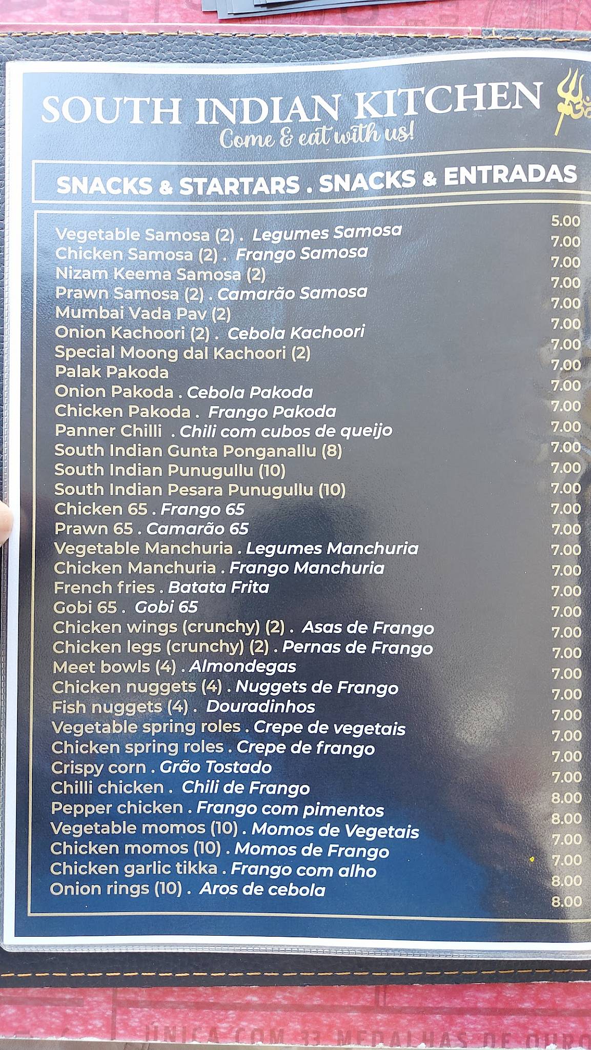 Carta del restaurante South Indian kitchen, Albufeira