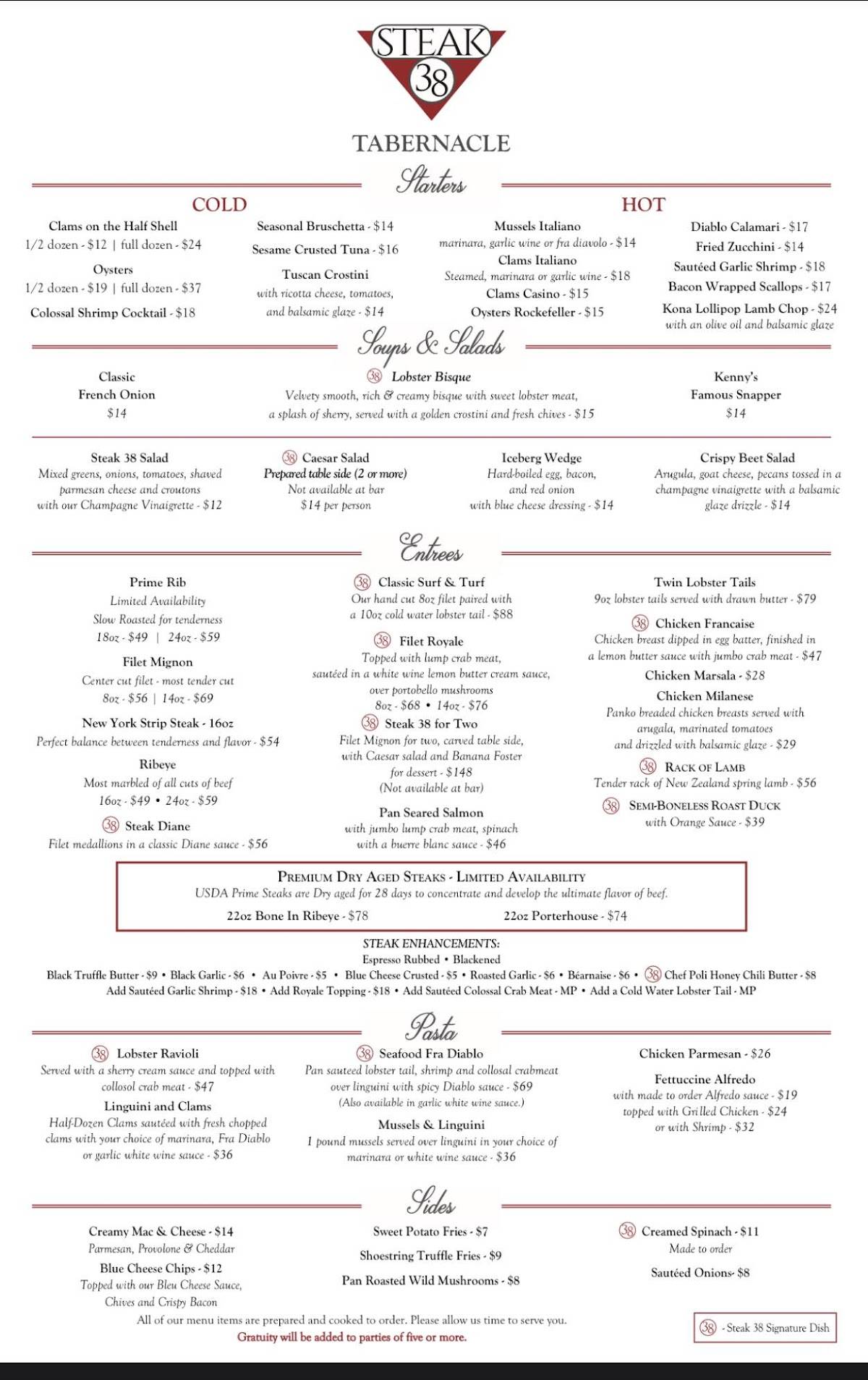 Menu at Steak 38 Tabernacle pub & bar, Tabernacle