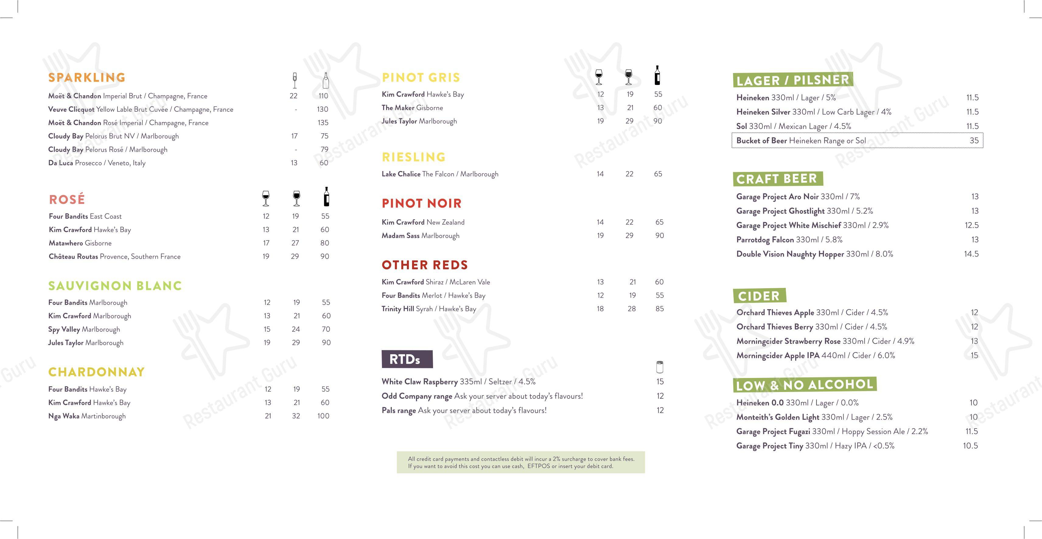 Menu at Southern Cross Garden Bar Restaurant, Wellington
