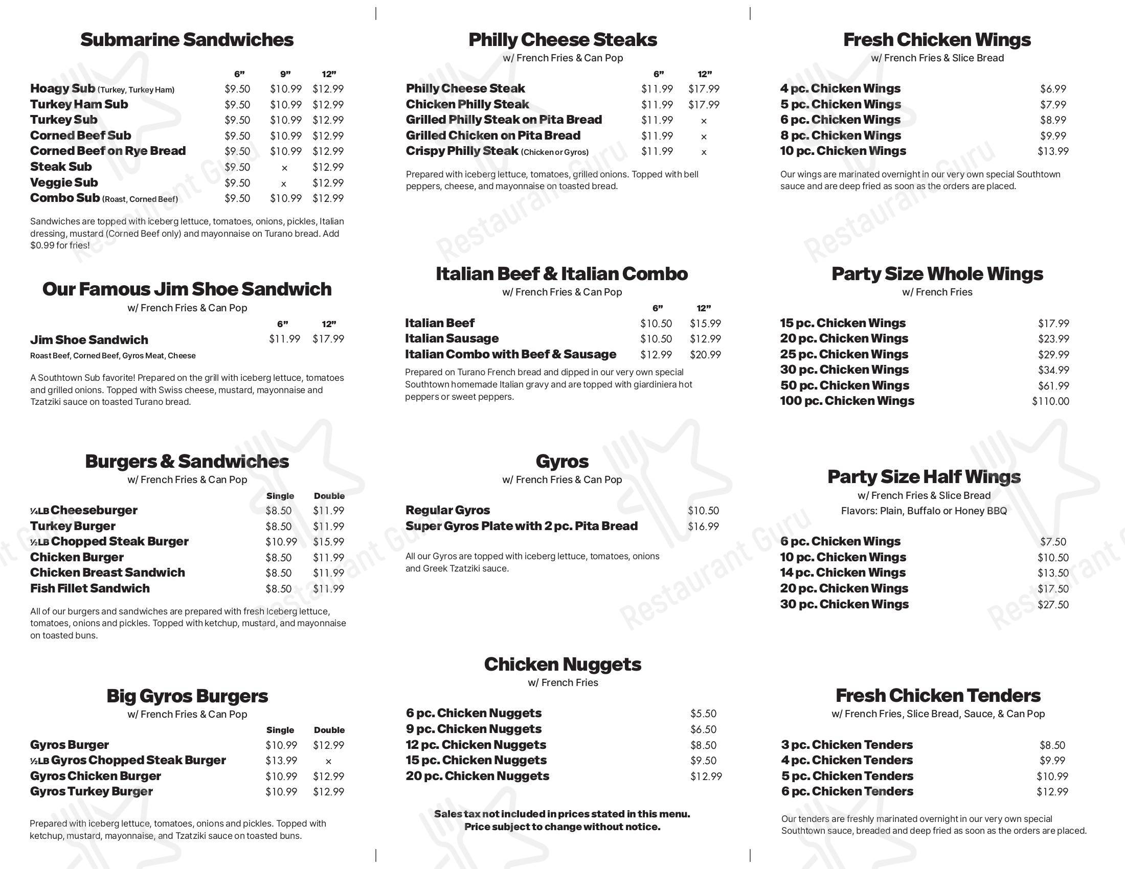 Menu at Southtown Sub fast food, Chicago, 240 E 35th St