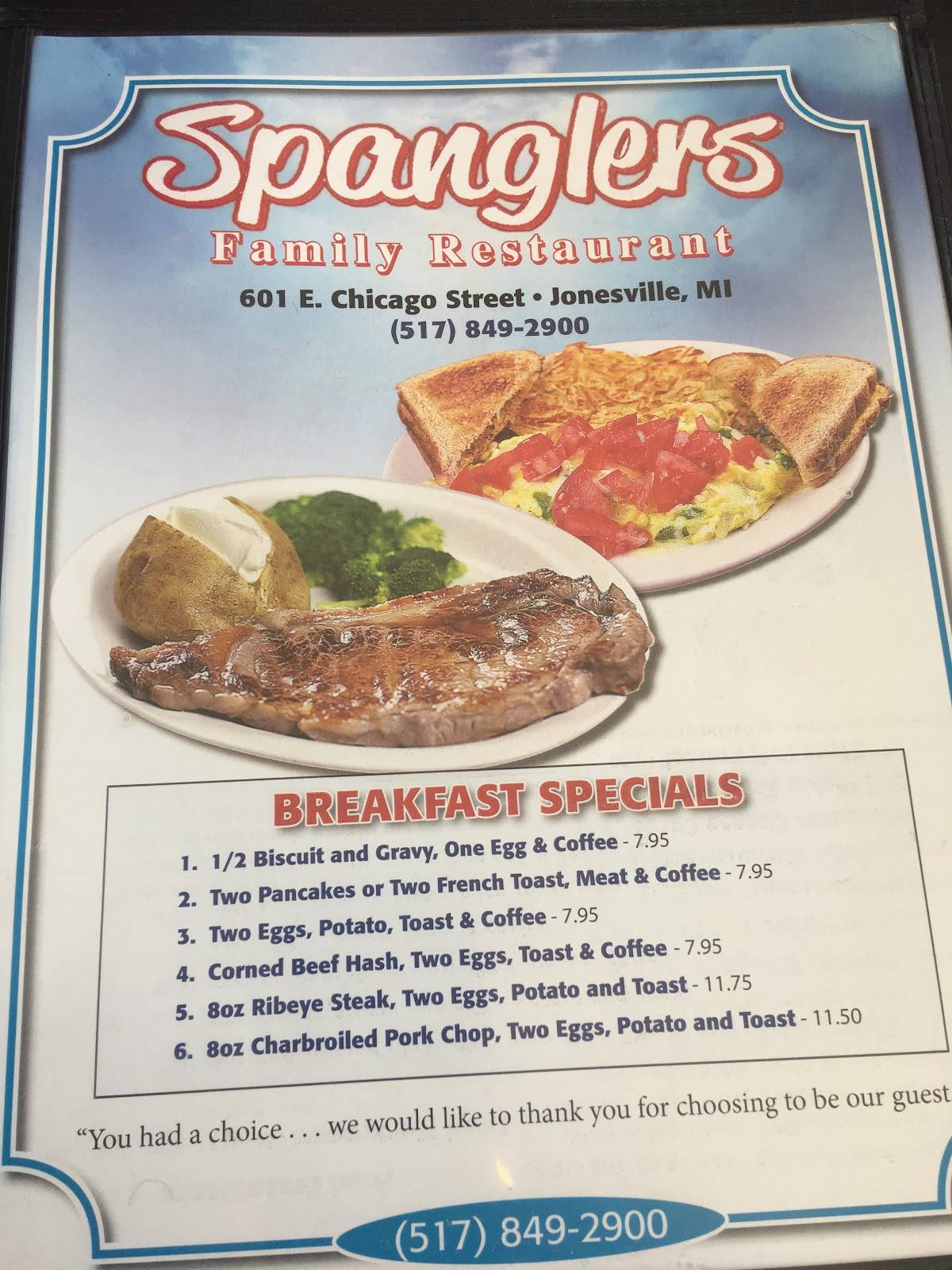 Menu at Spangler's Family Restaurant, Jonesville