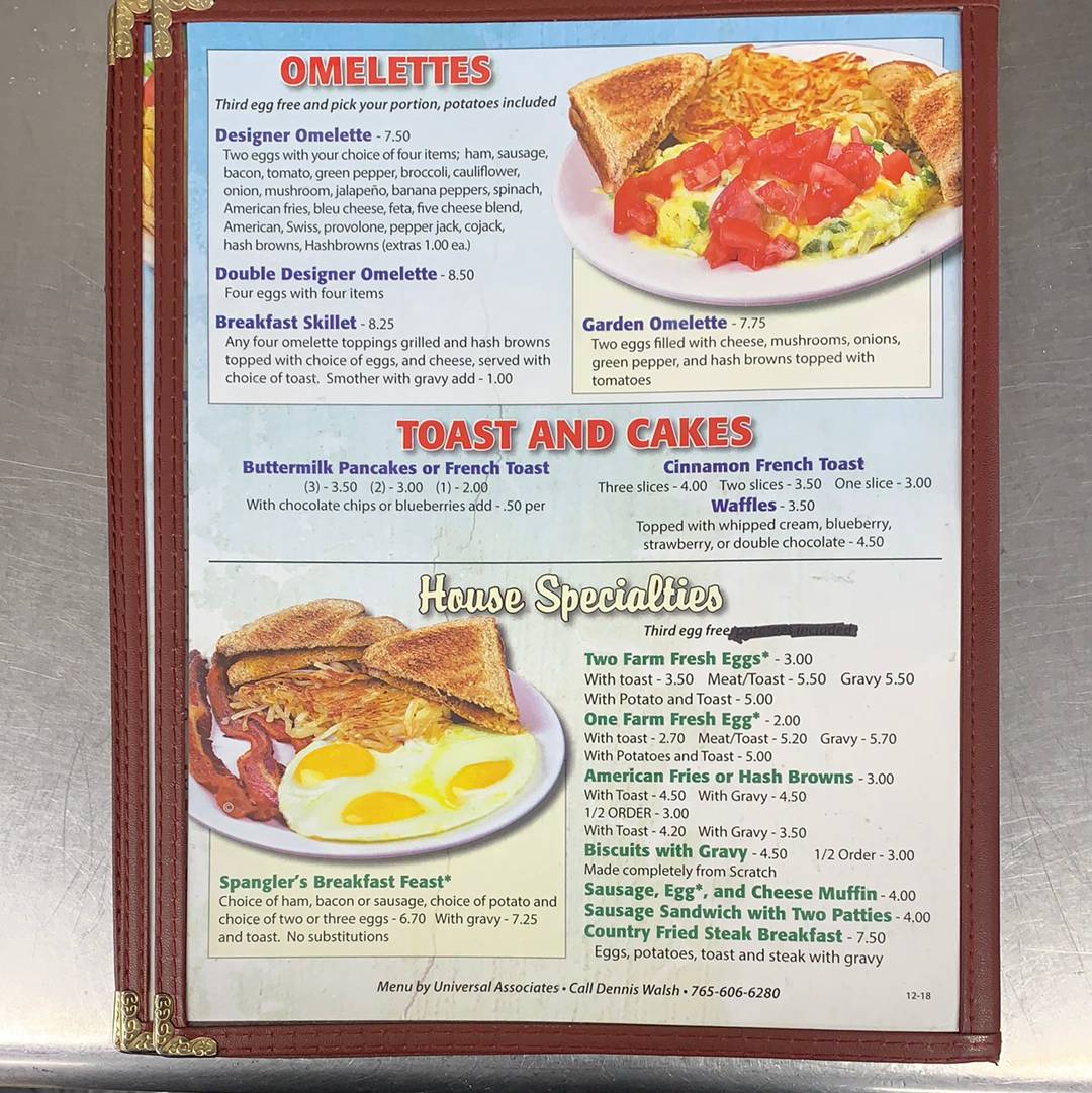 Menu at Spangler's Family Restaurant, Jonesville