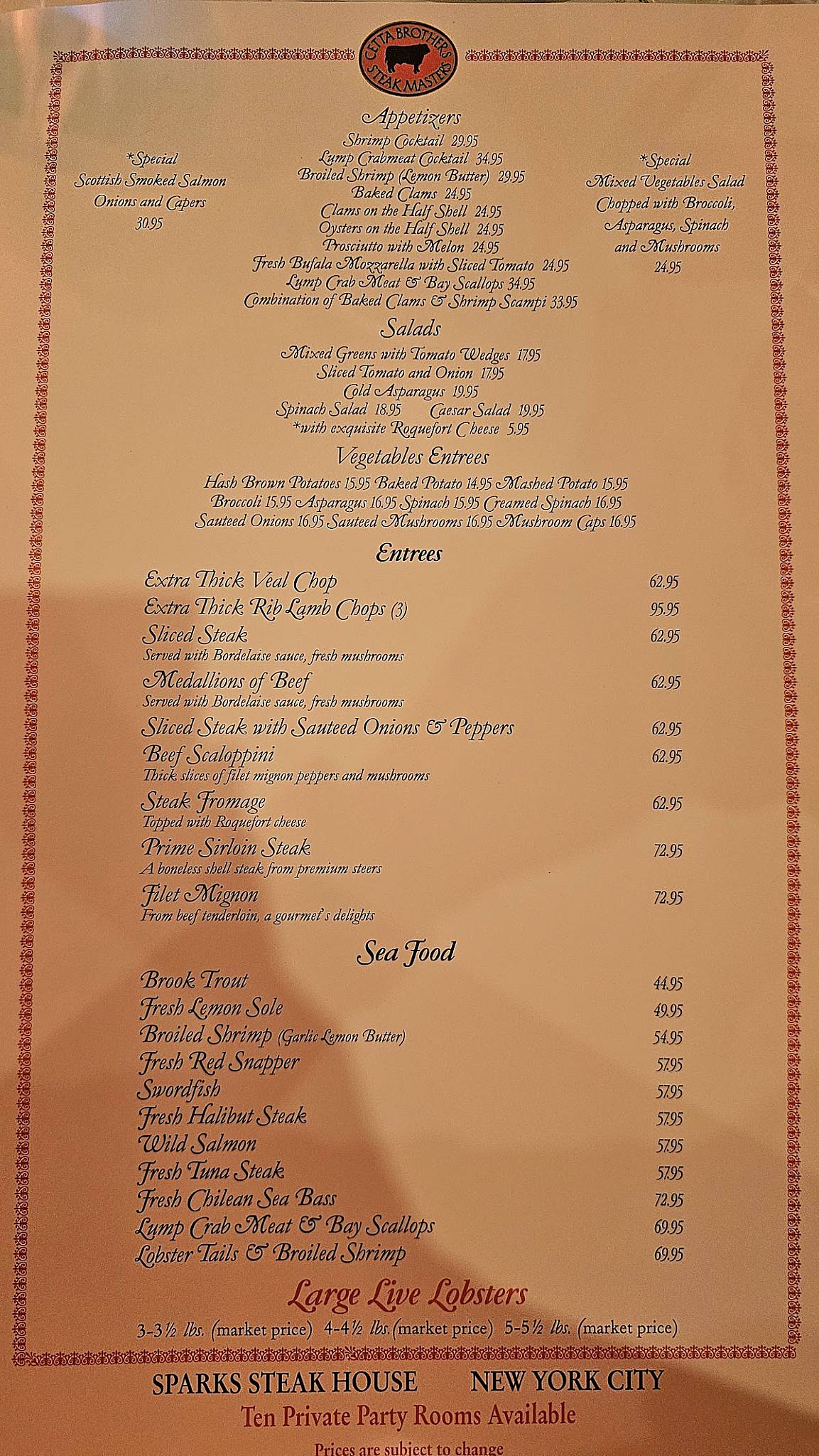 Menu at Sparks Steak House steakhouse, New York City, 210 E 46th St