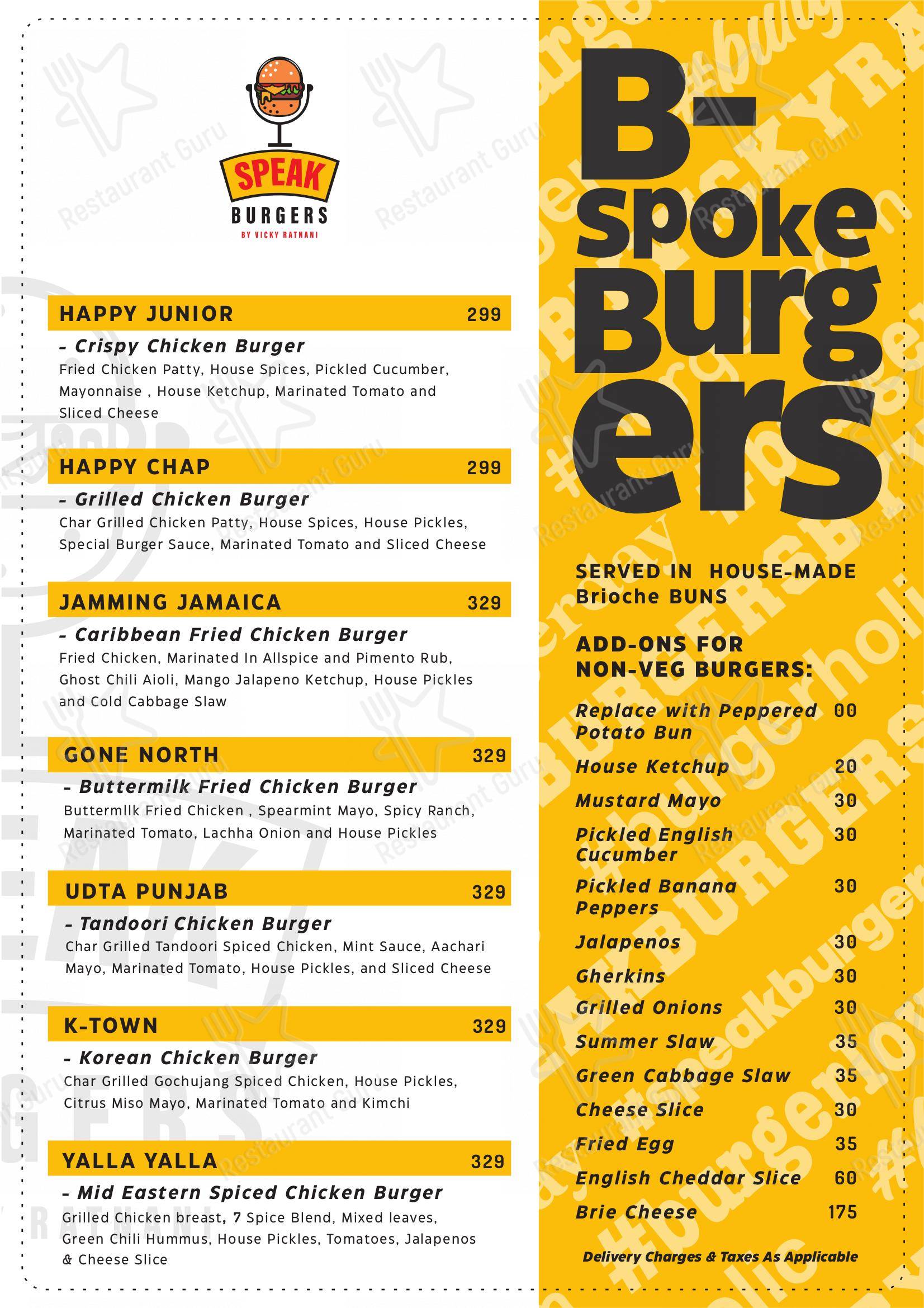 Menu at Speak Burgers by Chef Vicky Ratnani, Mumbai