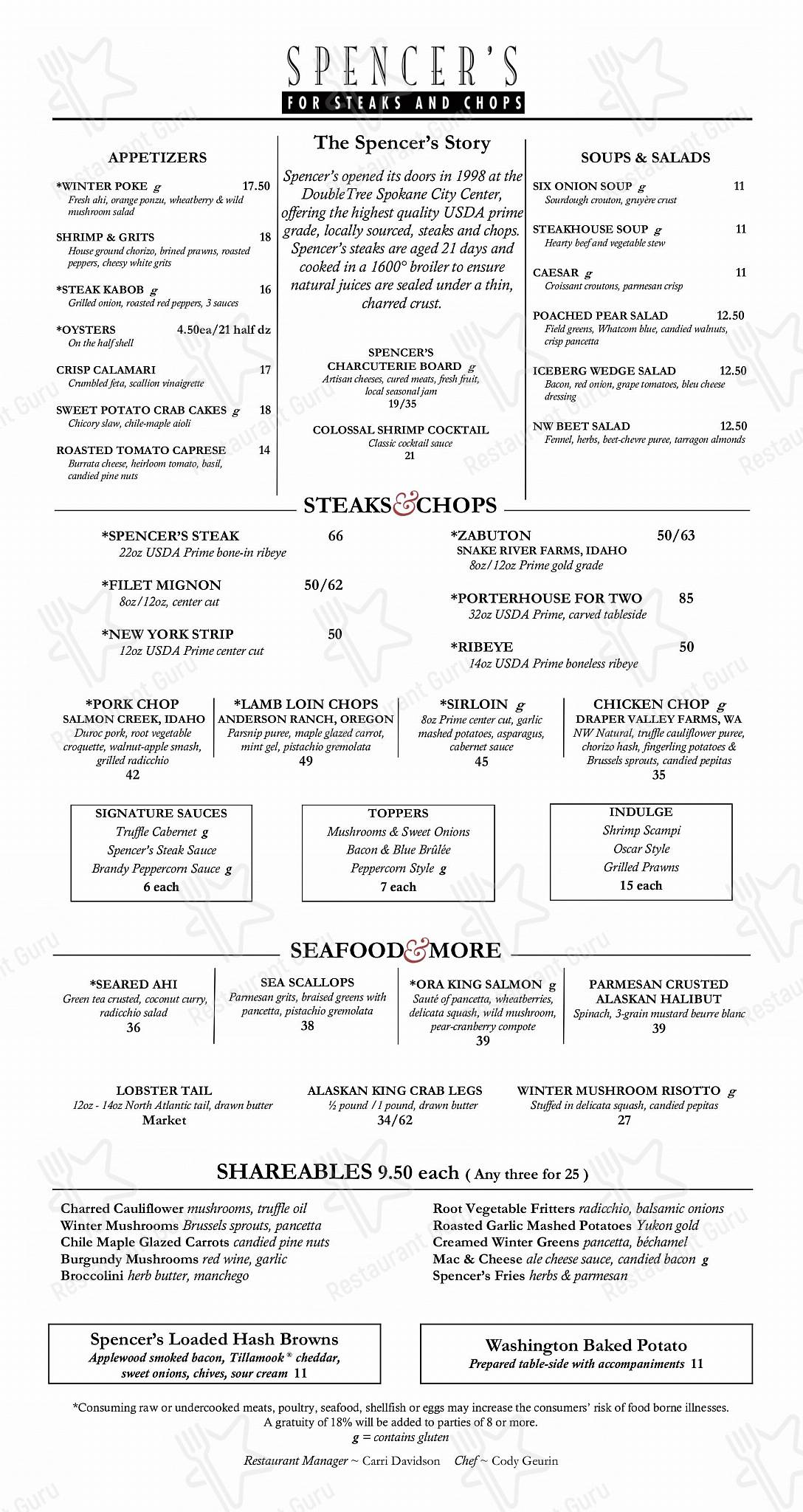 Menu at Spencer's for Steaks & Chops steakhouse, Spokane