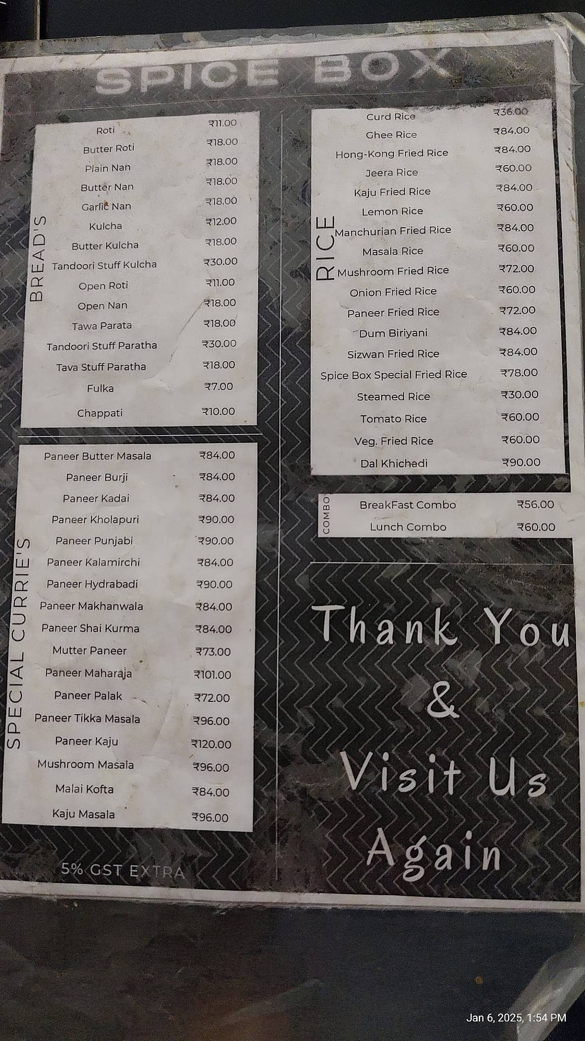 Menu at Spice Box, Toranagallu