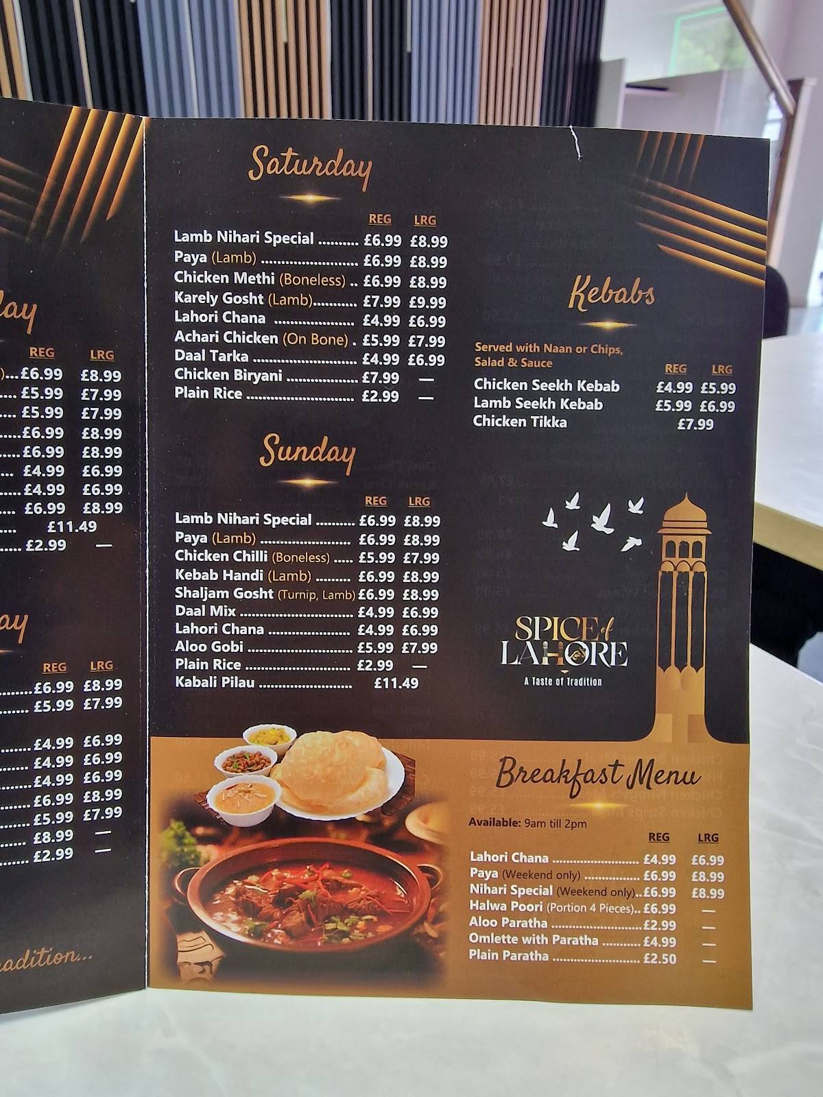 Menu at Spice of Lahore restaurant, Manchester