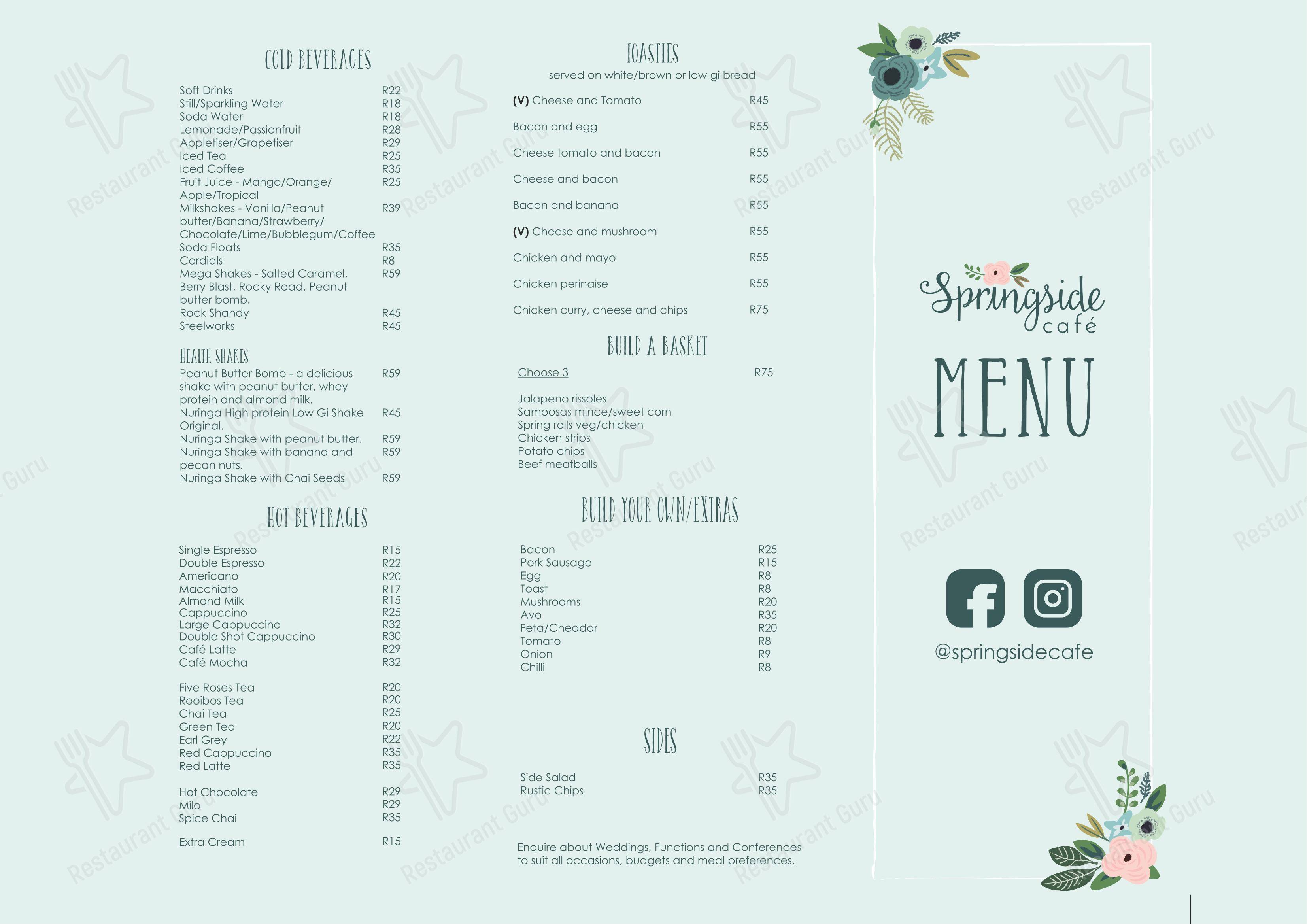 Menu at Springside cafe, Hillcrest