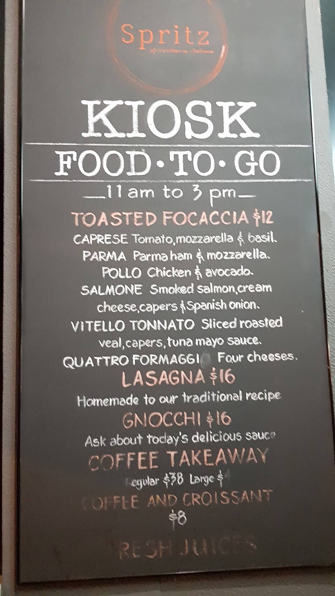Menu at Spritz Spizzicheria restaurant, Mount Hawthorn