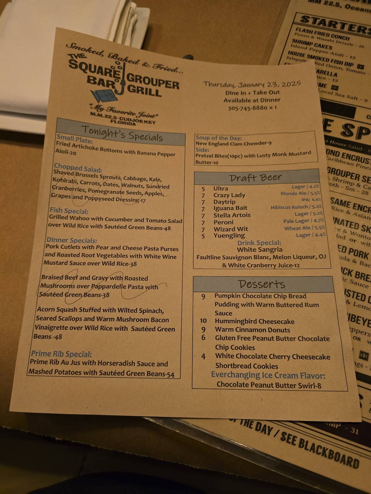 Menu at Square Grouper Bar and Grill, Cudjoe Key