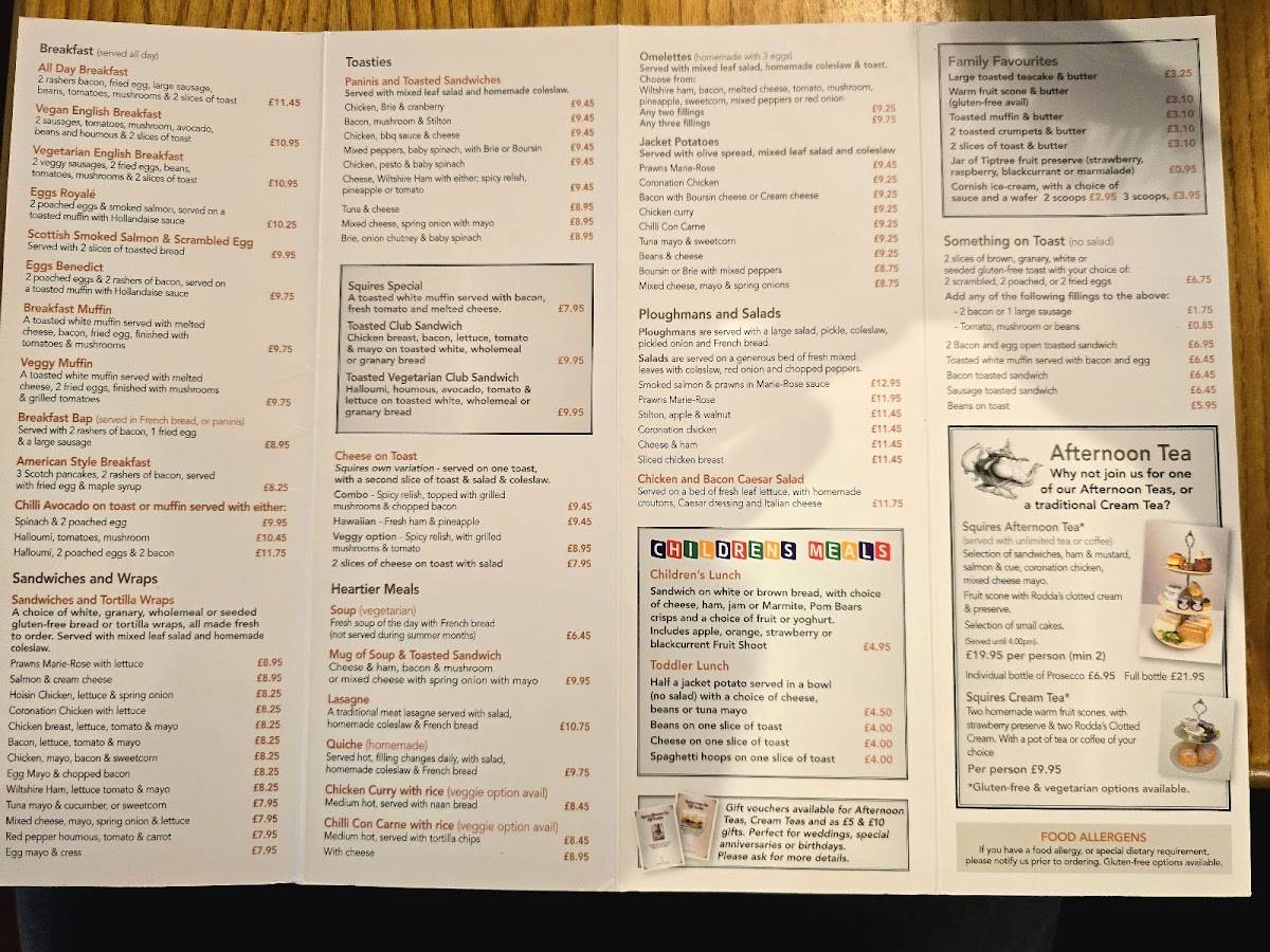 Menu at Squires Coffee Shop cafe, Rayleigh