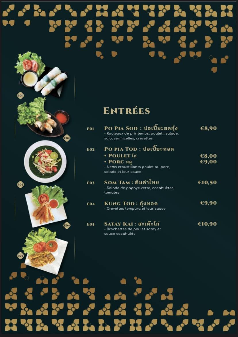 Menu au Sri Siam restaurant, Biscarrosse