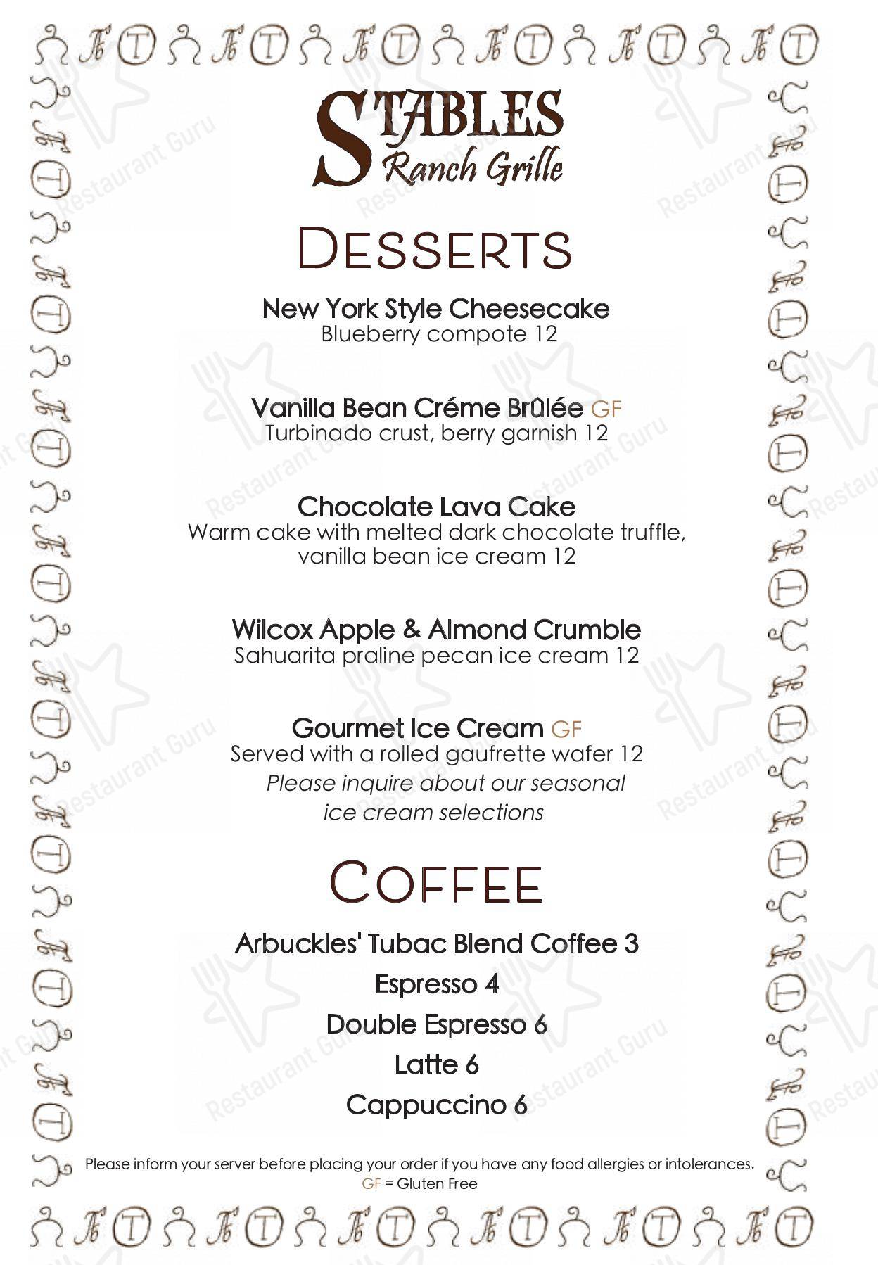 Menu at Stables Ranch Grille restaurant, Tubac, 65 Avenida de Otero