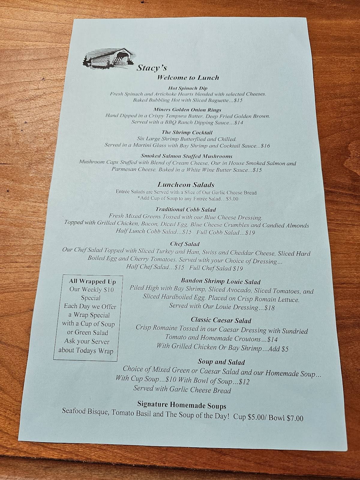 Menu at Stacy's Covered Bridge Restaurant, Cottage Grove