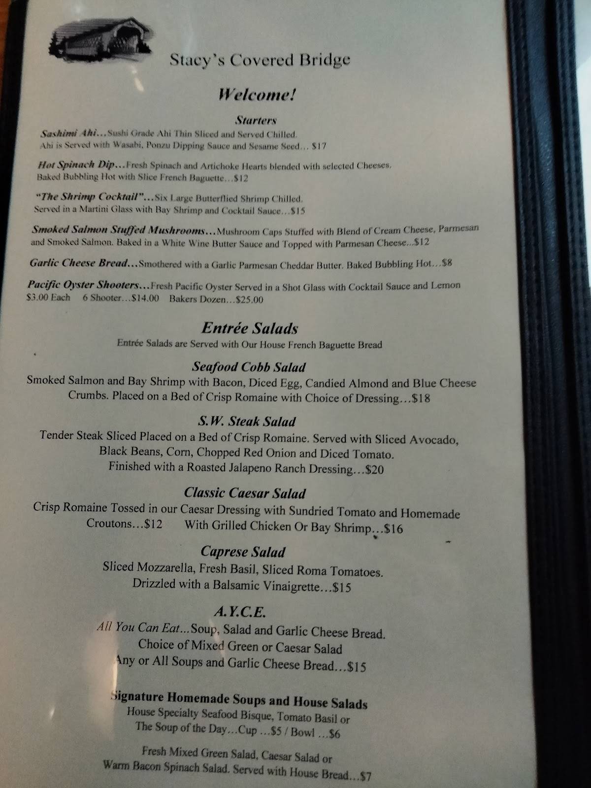 Menu at Stacy's Covered Bridge Restaurant, Cottage Grove