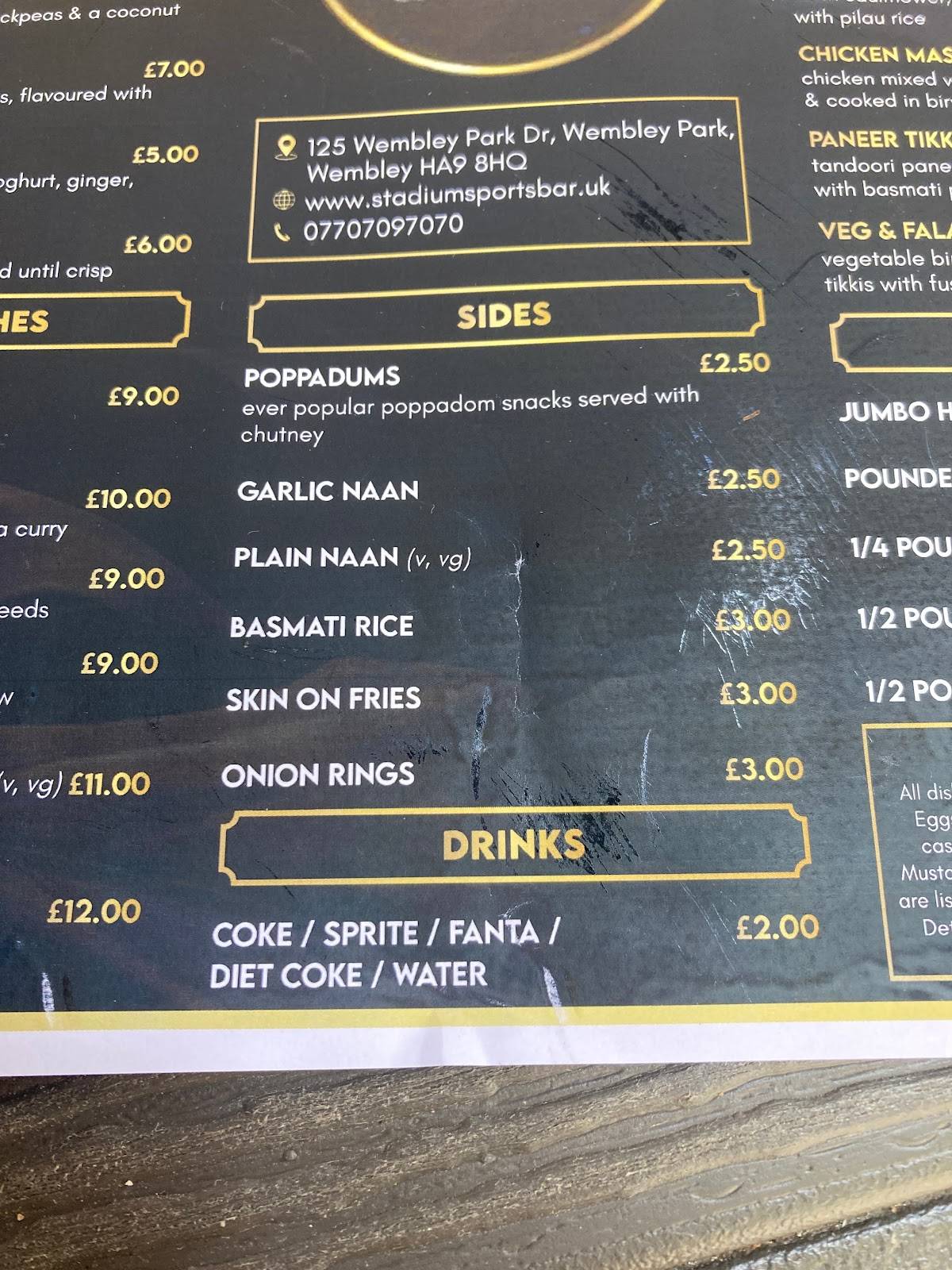 Menu at Stadium Sports Bar, Wembley