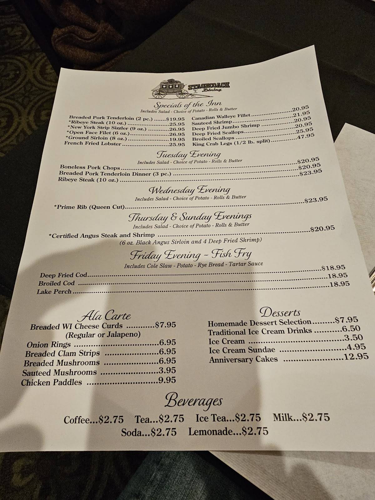 Menu at Stagecoach Inn steakhouse, Lake Koshkonong, County Line Rd
