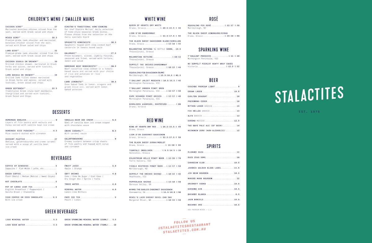 Menu at Stalactites Restaurant, Melbourne