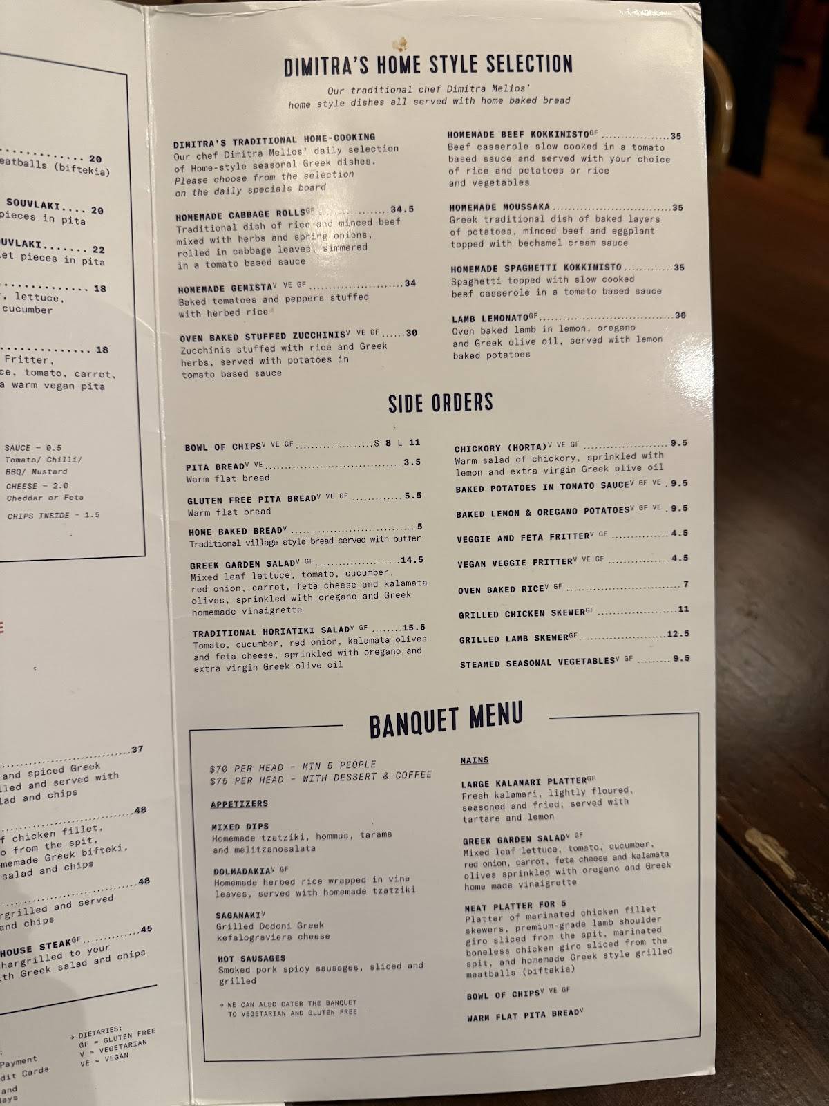 Menu at Stalactites Restaurant, Melbourne