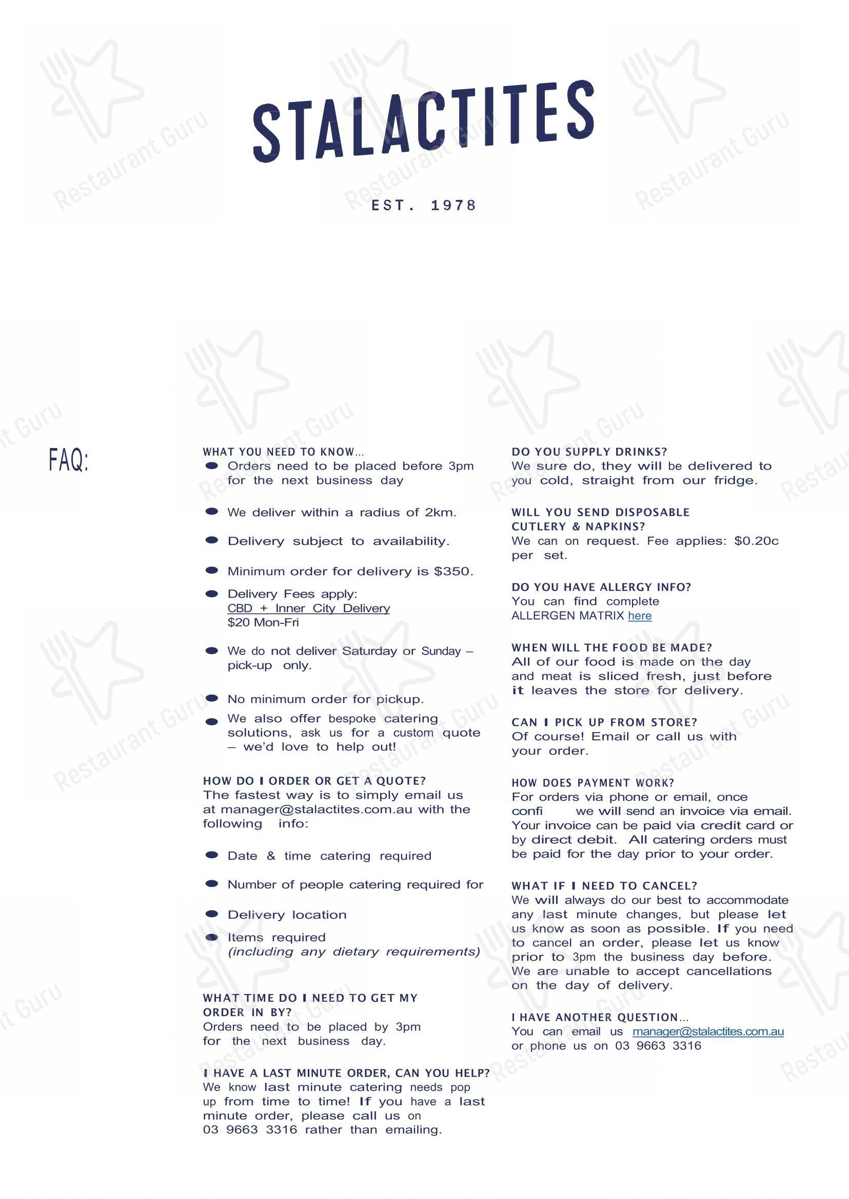 Menu at Stalactites Restaurant, Melbourne