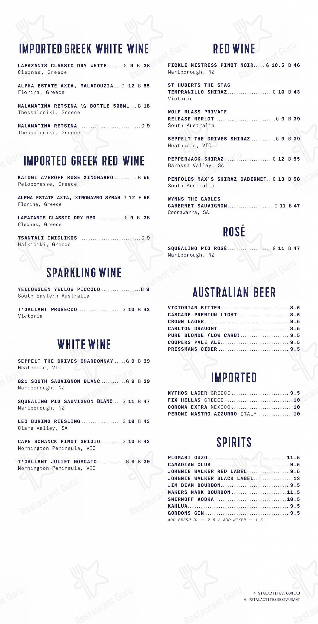 Menu at Stalactites Restaurant, Melbourne