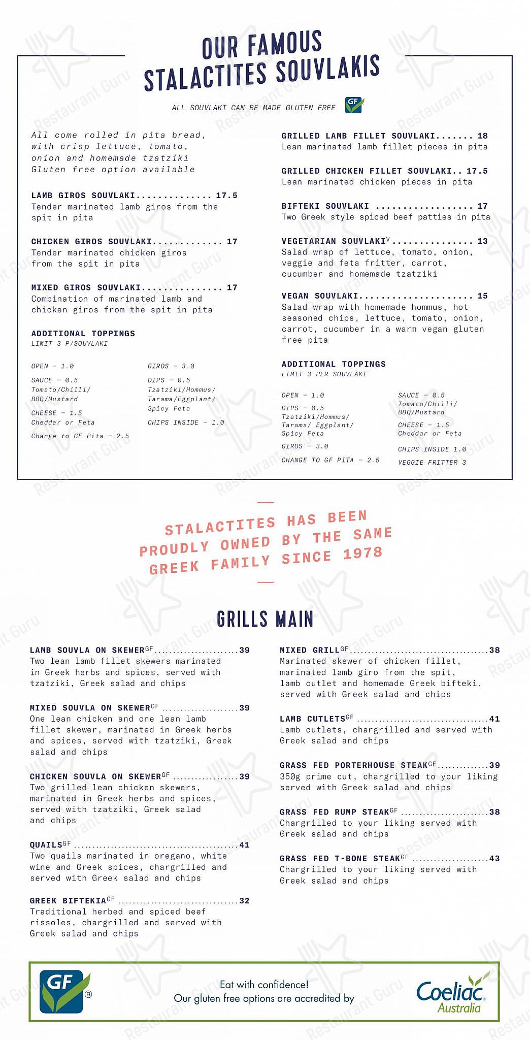 Menu at Stalactites Restaurant, Melbourne