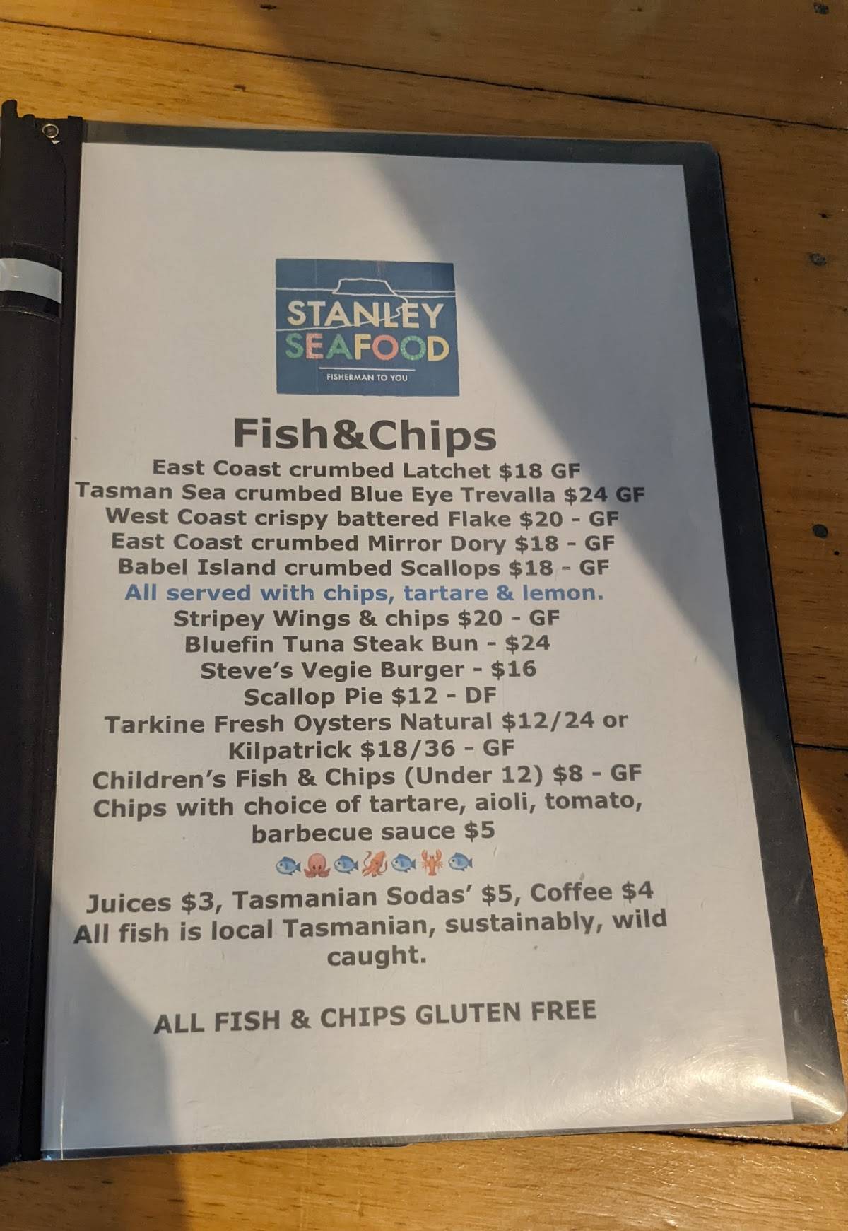 Menu at Stanley Seafood restaurant, Stanley