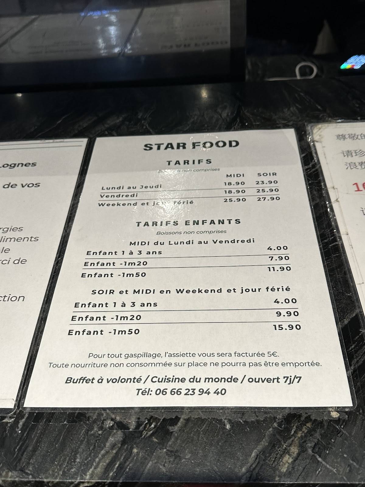 Menu au Star Food restaurant, Lognes