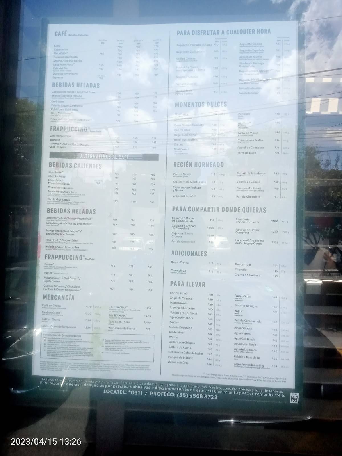 Carta del restaurante Starbucks Roma Sur, Ciudad del México, Monterrey 330