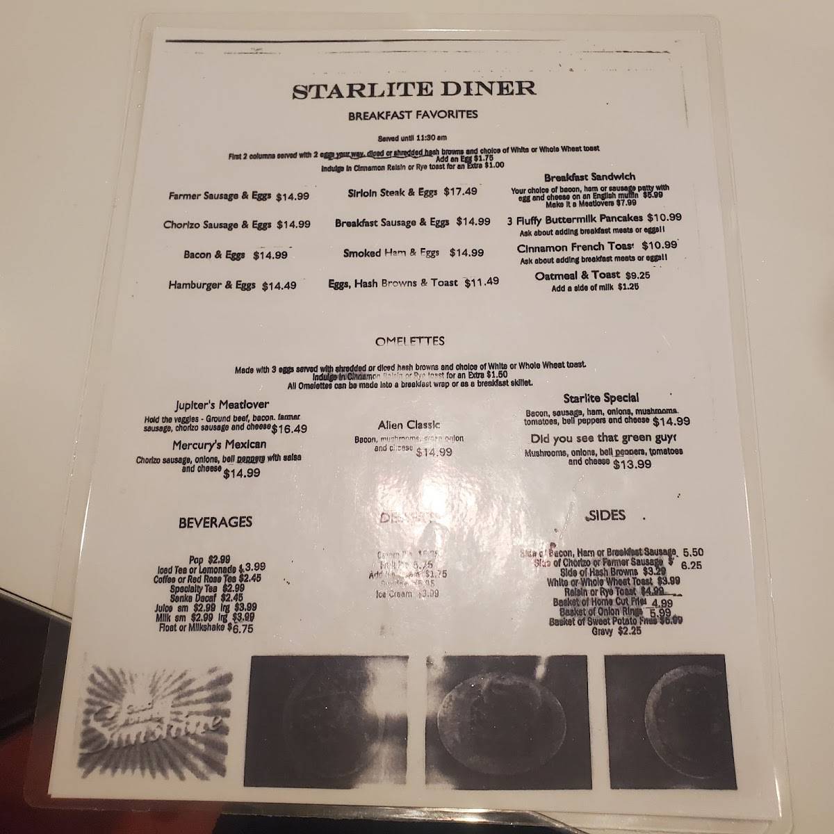 Menu at Starlite Diner Car restaurant, Bowden