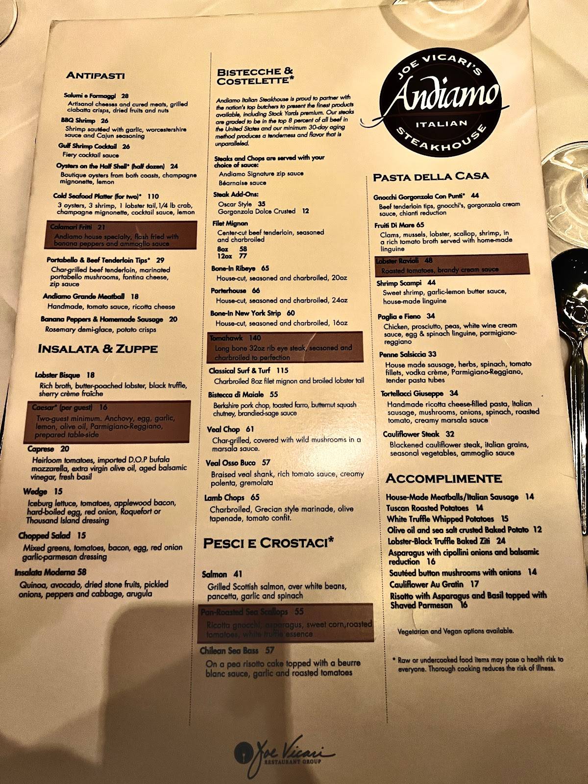 Menu at Andiamo Steakhouse, Las Vegas