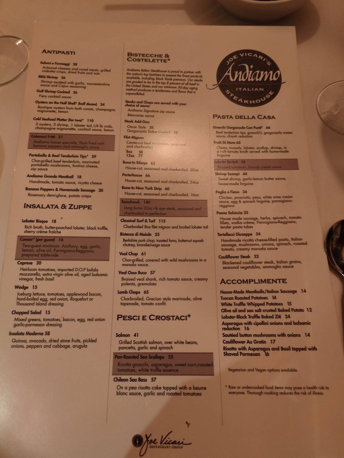Menu at Andiamo Steakhouse, Las Vegas