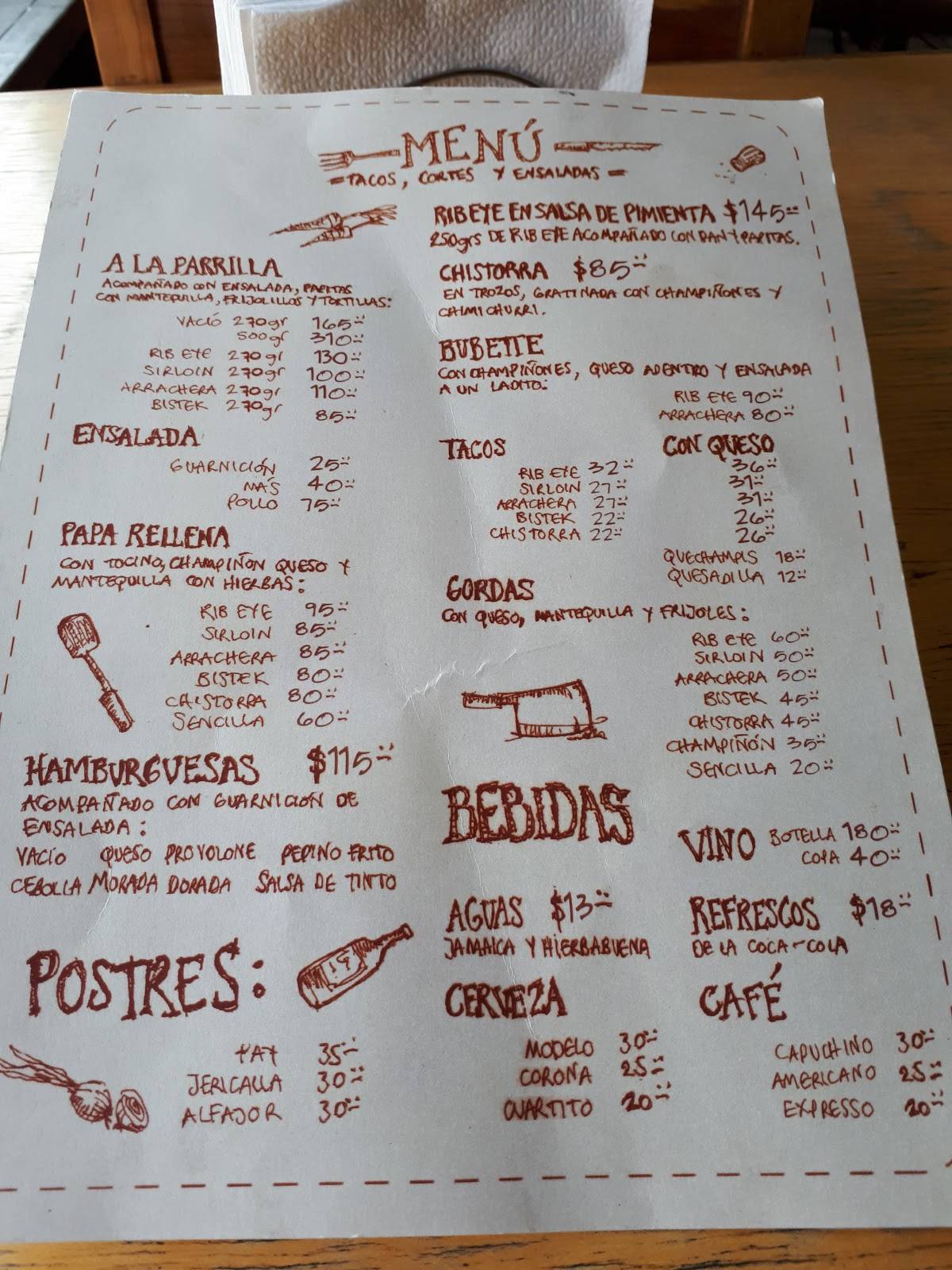 Carta de parrilla Así & Asado, Zapopan