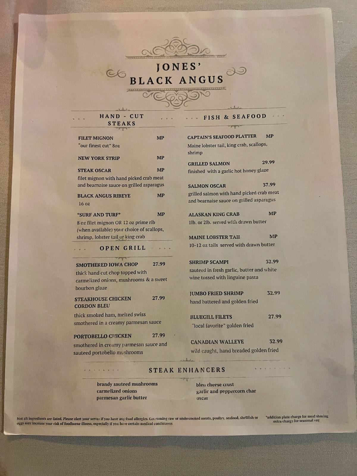 Menu at Jones' Black Angus steakhouse, Prairie du Chien, US-18