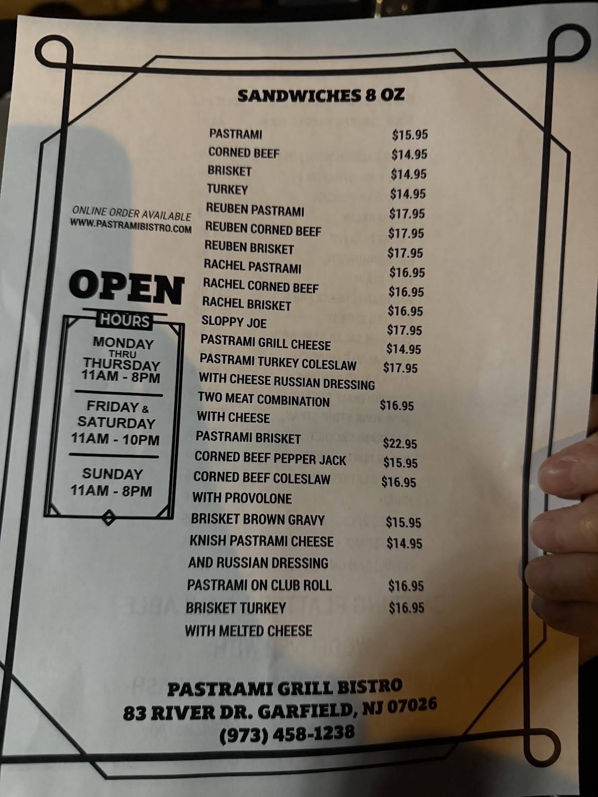 Menu at Pastrami Grill Bistro steakhouse, Garfield