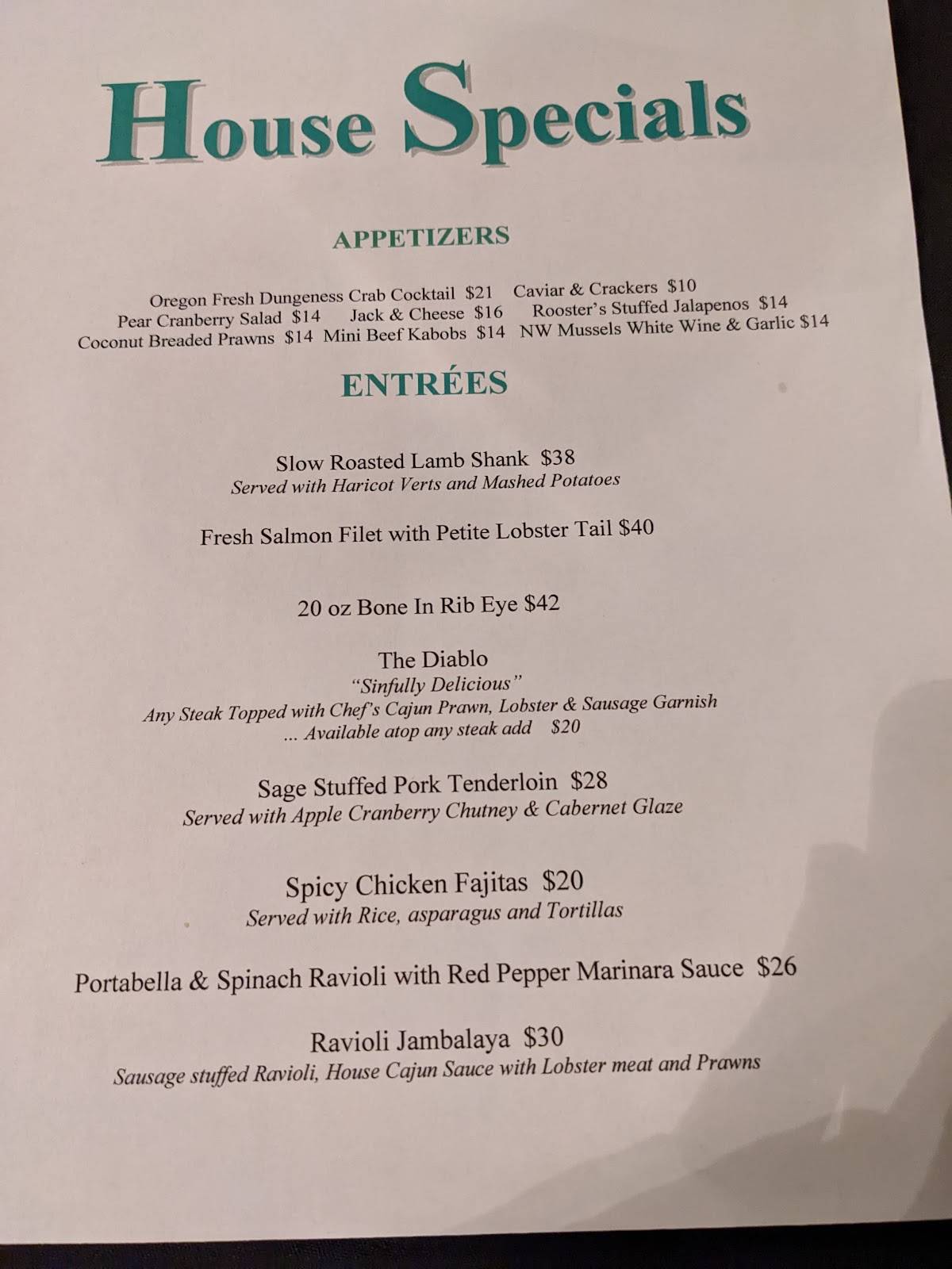 Menu at Roosters Steak & Chop House steakhouse, Klamath Falls
