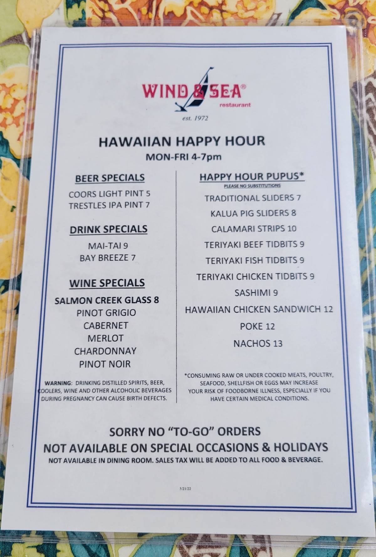 Menu at Wind & Sea Restaurant, Dana Point