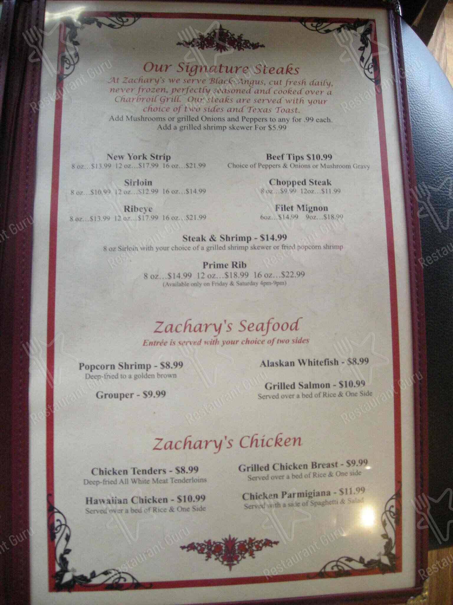 Menu at Zachary’s steakhouse, Kingsport