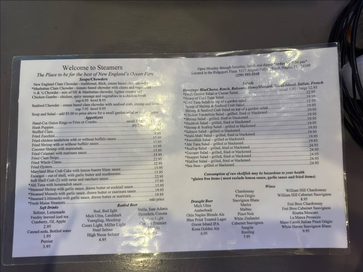 Menu at Steamers of Naples restaurant, Naples