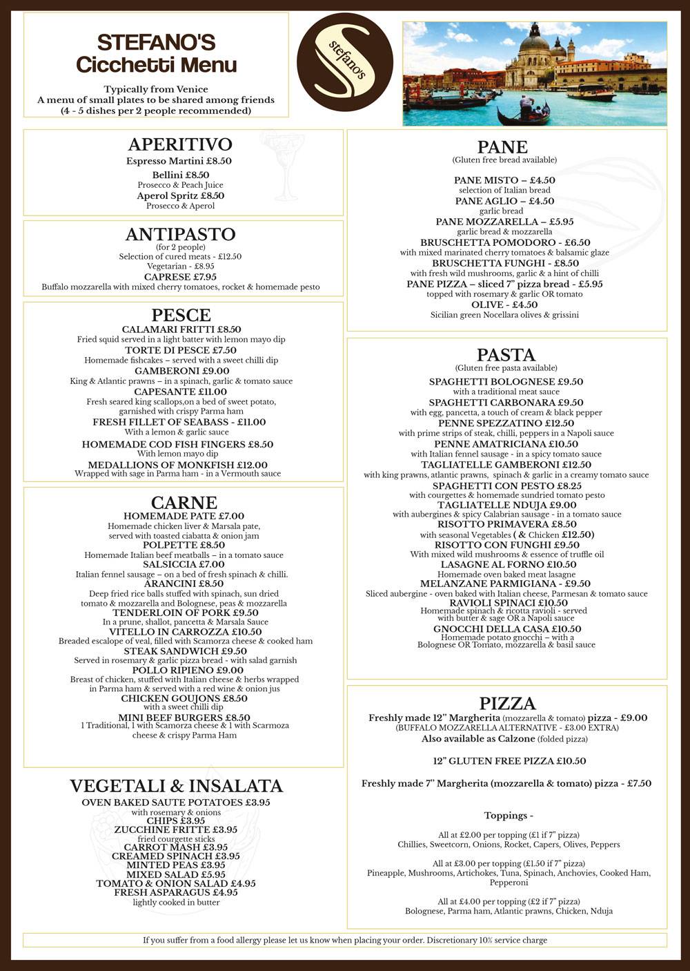 Menu at Stefano's Italian Restaurant, Cardiff
