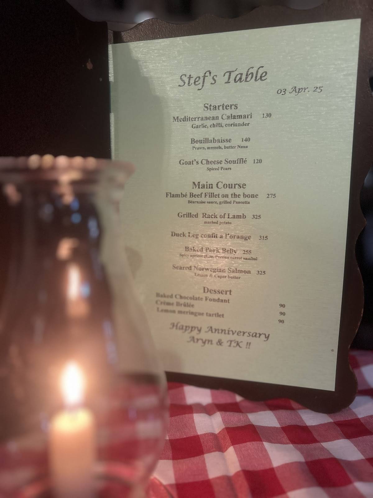 Menu at Stef's Table restaurant, Hartbeespoort