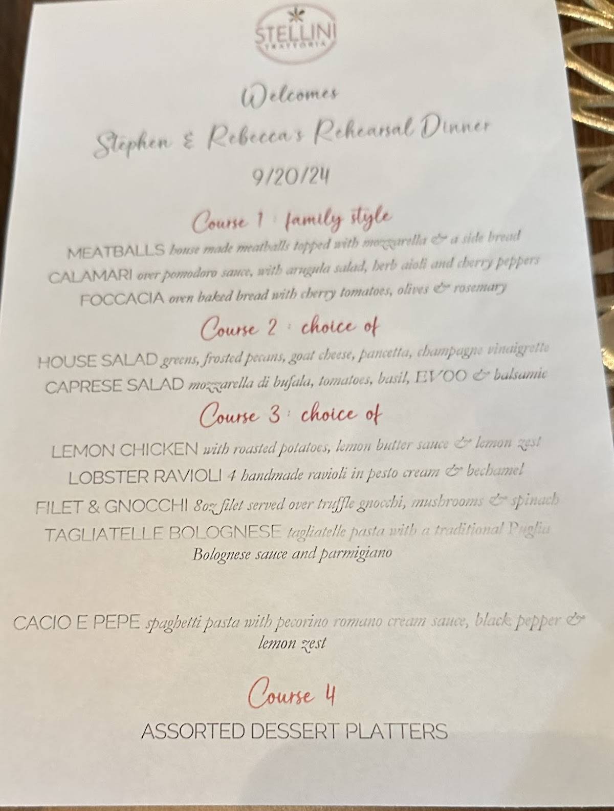 Menu at Stellini Trattoria restaurant, Grapevine