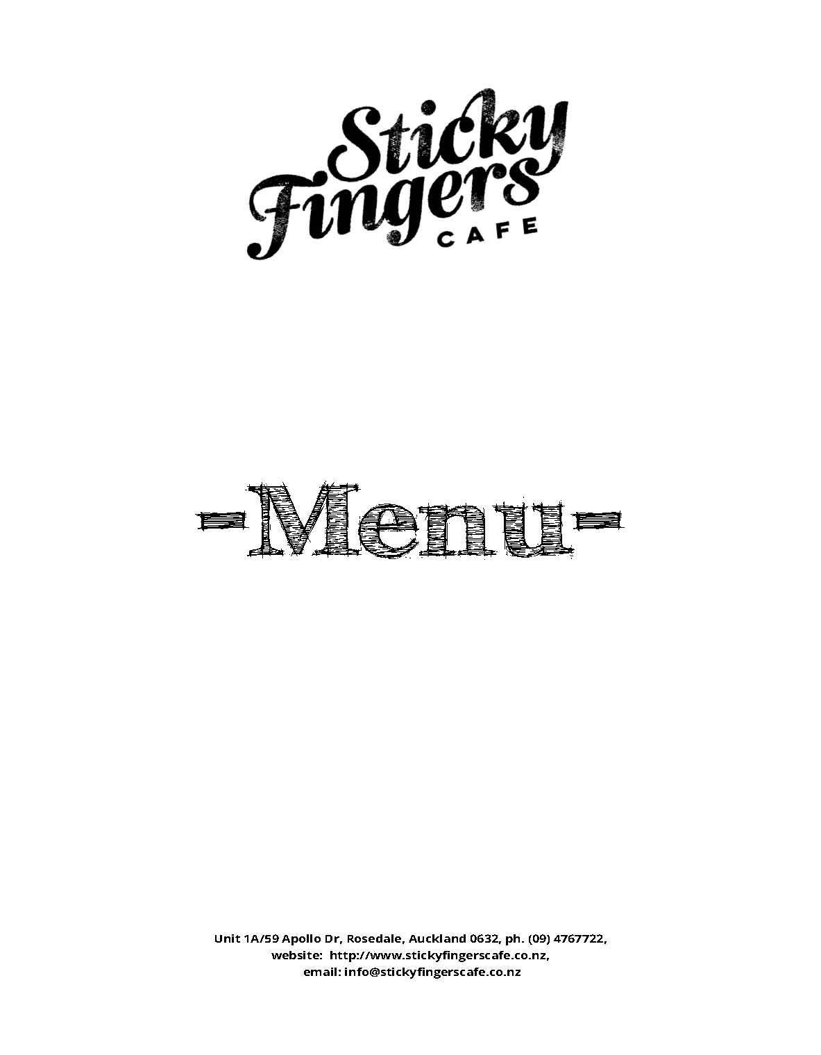 Menu at Sticky Fingers Cafe & Catering, Auckland