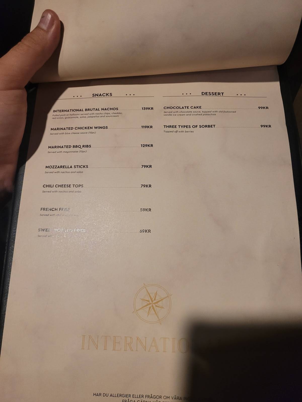 Menu at The International Bar, Stockholm
