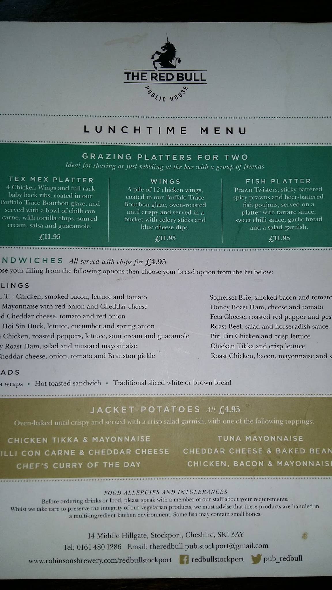 Menu at Red Bull, Stockport pub & bar, Stockport