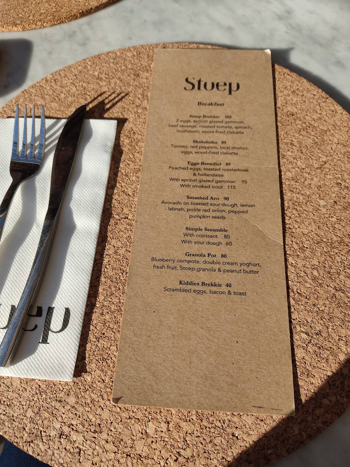 Menu at Stoep restaurant, Paarl