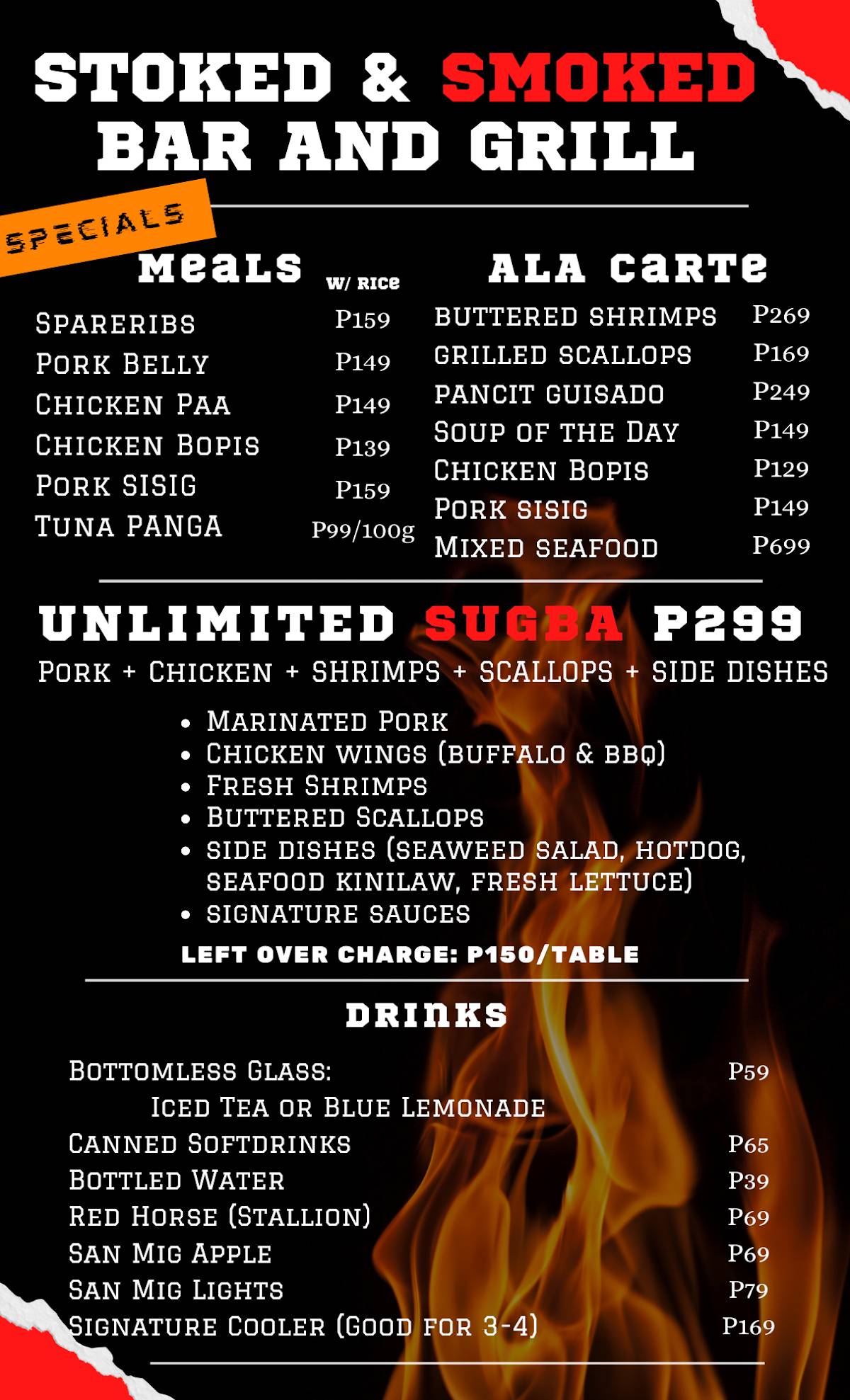 Carta de Stoked & Smoked Bar and Grill, Talisay
