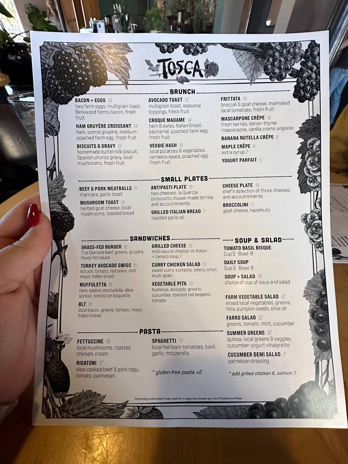 Menu at Tosca restaurant, Ames