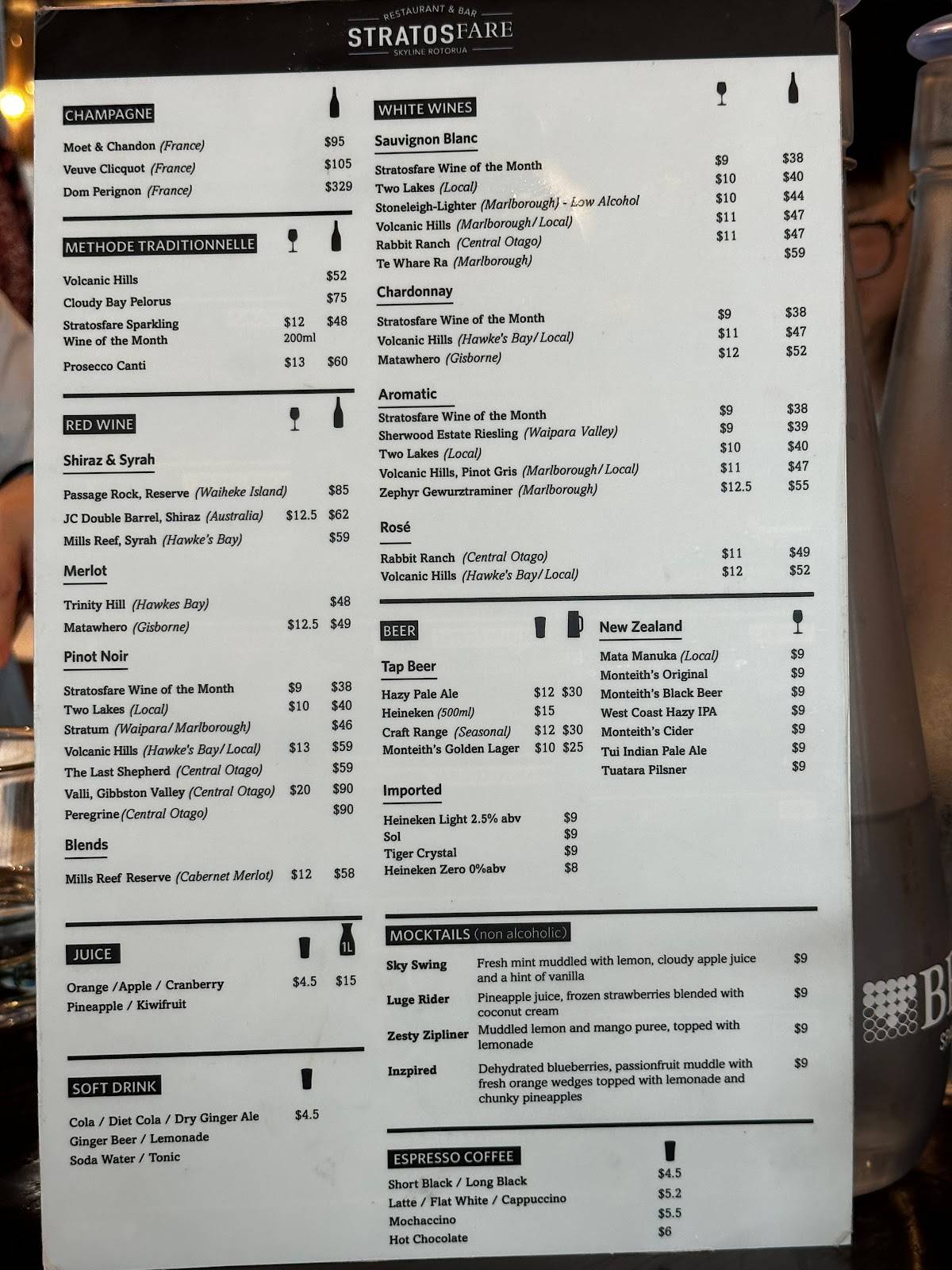 Menu at Stratosfare Restaurant & Bar, Rotorua